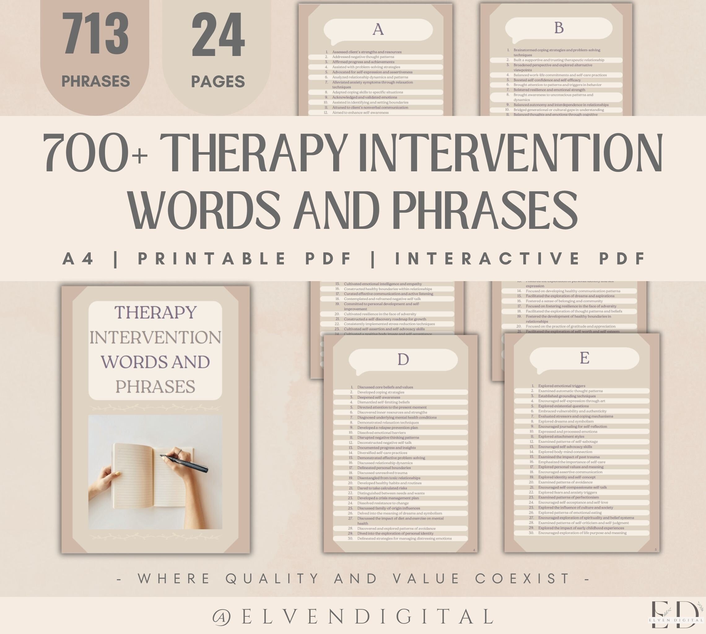 Therapy Intervention List Therapist Notes Template Counseling - Etsy