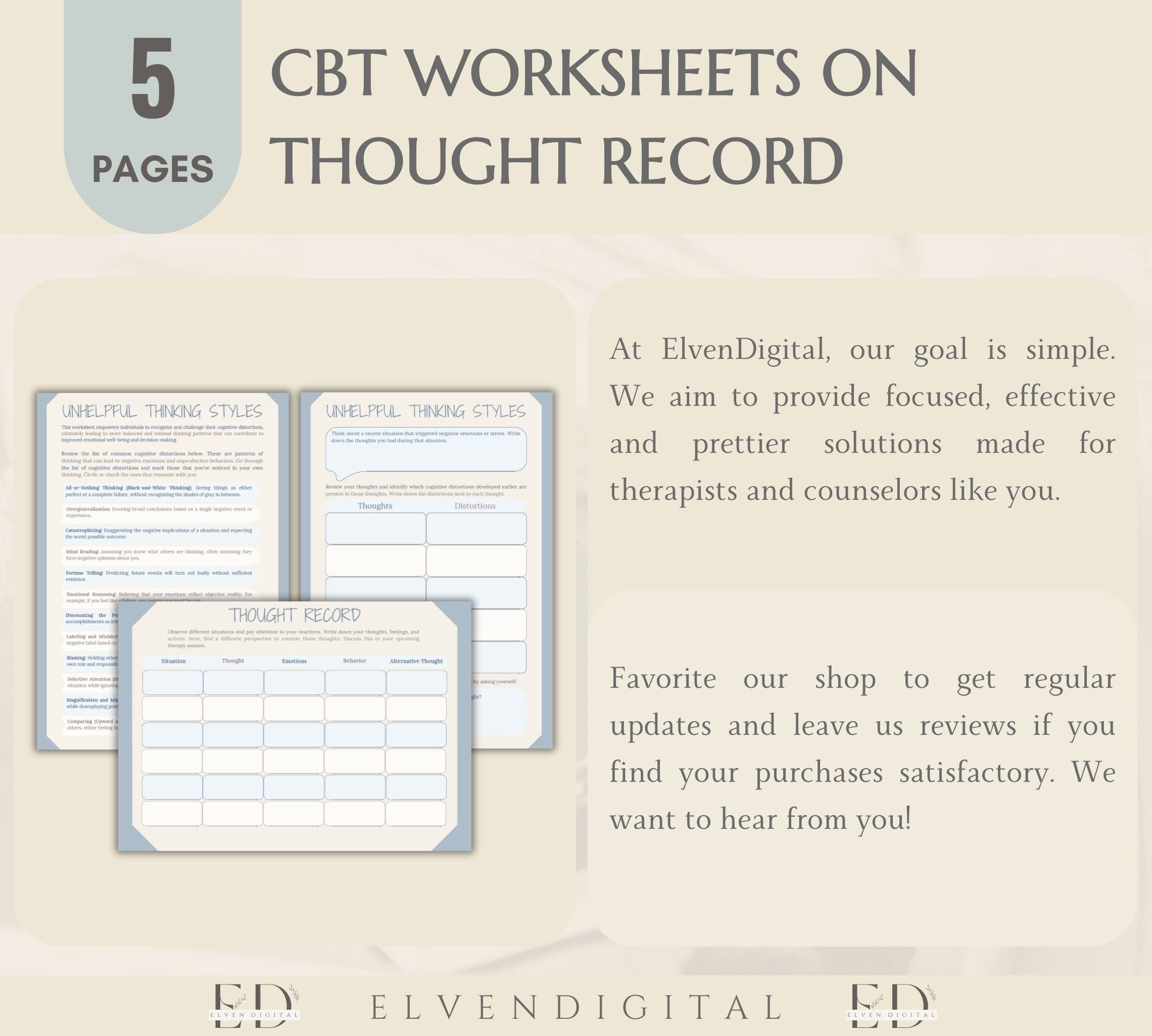 CBT Thought Record Worksheet CBT Unhelpful Thinking Styles - Etsy