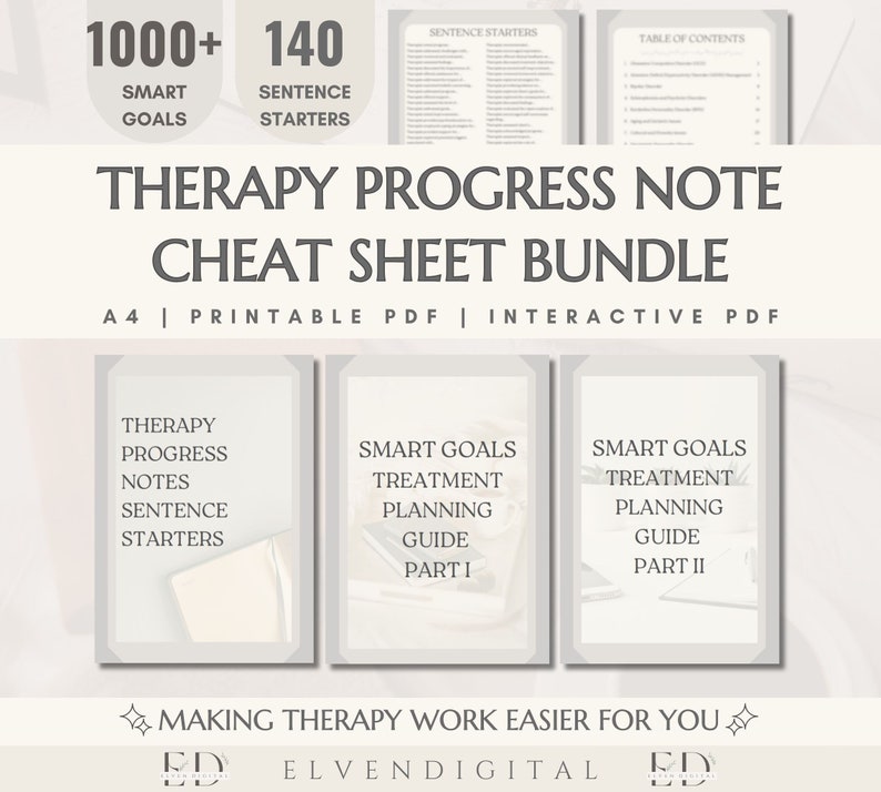 Therapy Progress Notes Cheat Sheet Bundle SMART Goals Treatment Plan ...