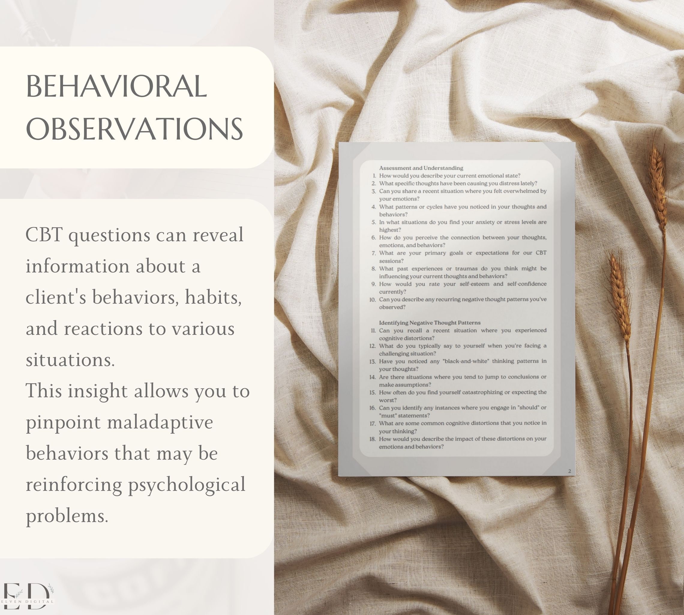 CBT Session Questions Cognitive Behavioral Therapy Counseling Tools ...