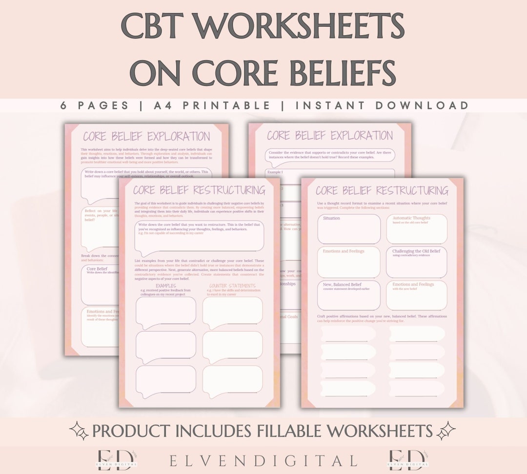 CBT Worksheets Core Beliefs Therapy Worksheet for Teens and Adults ...