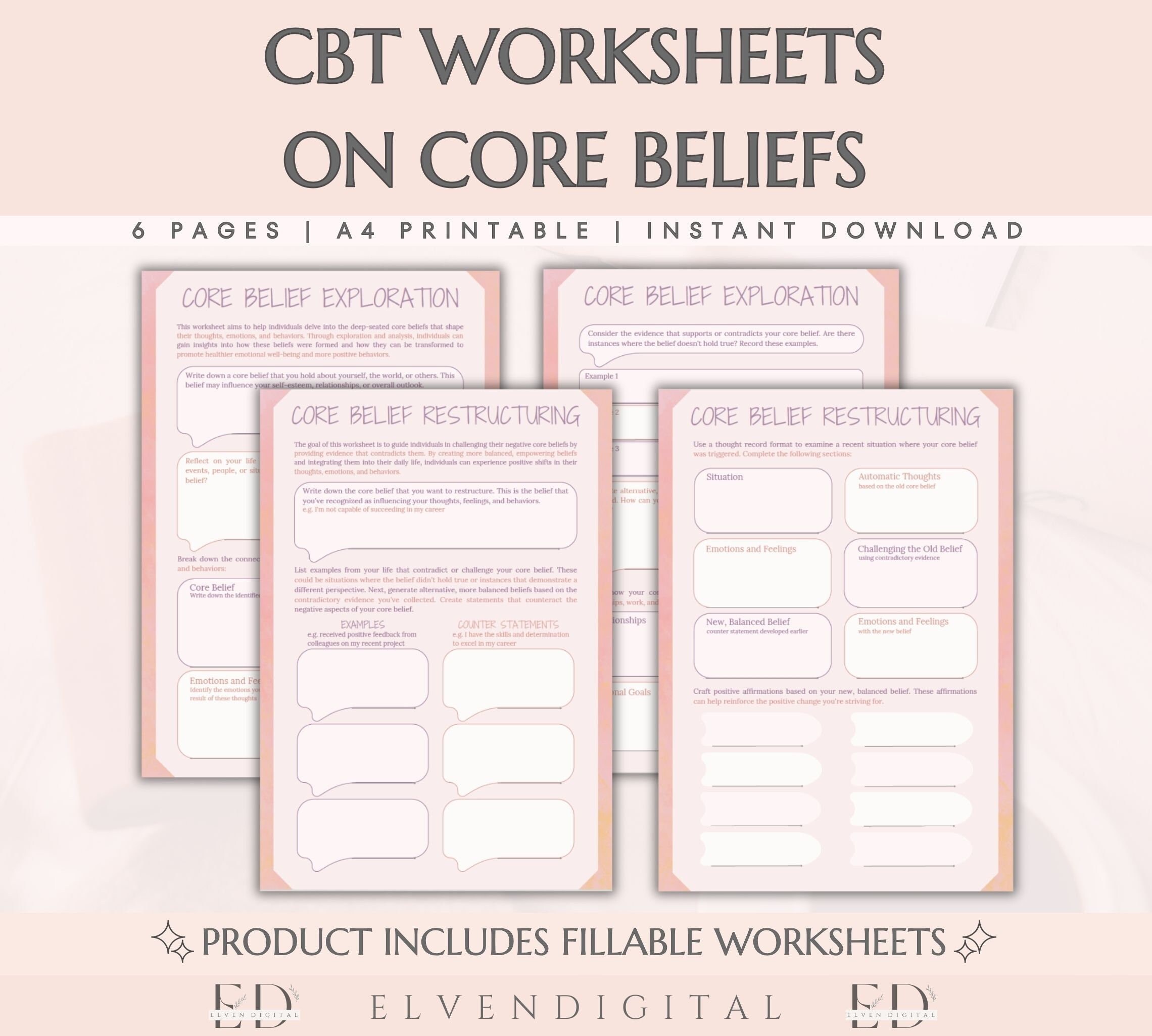 CBT Worksheets Core Beliefs Therapy Worksheet for Teens and Adults ...