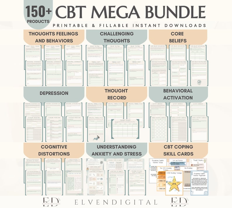 Cognitive Behavioral Therapy Workbook CBT Worksheets Bundle Cognitive ...