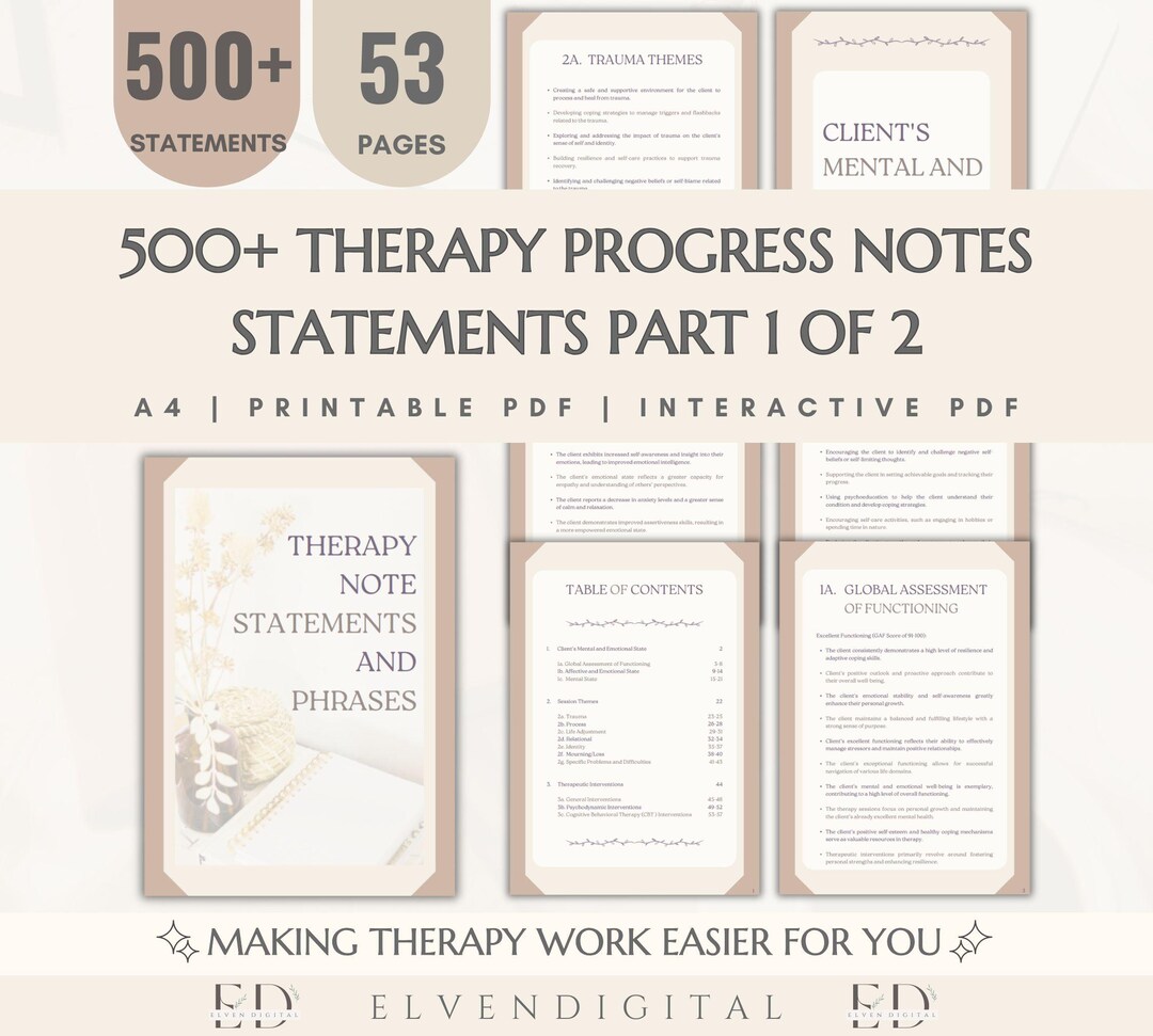 Support Clients With Therapy Progress Notes Phrases Statements Cheat ...
