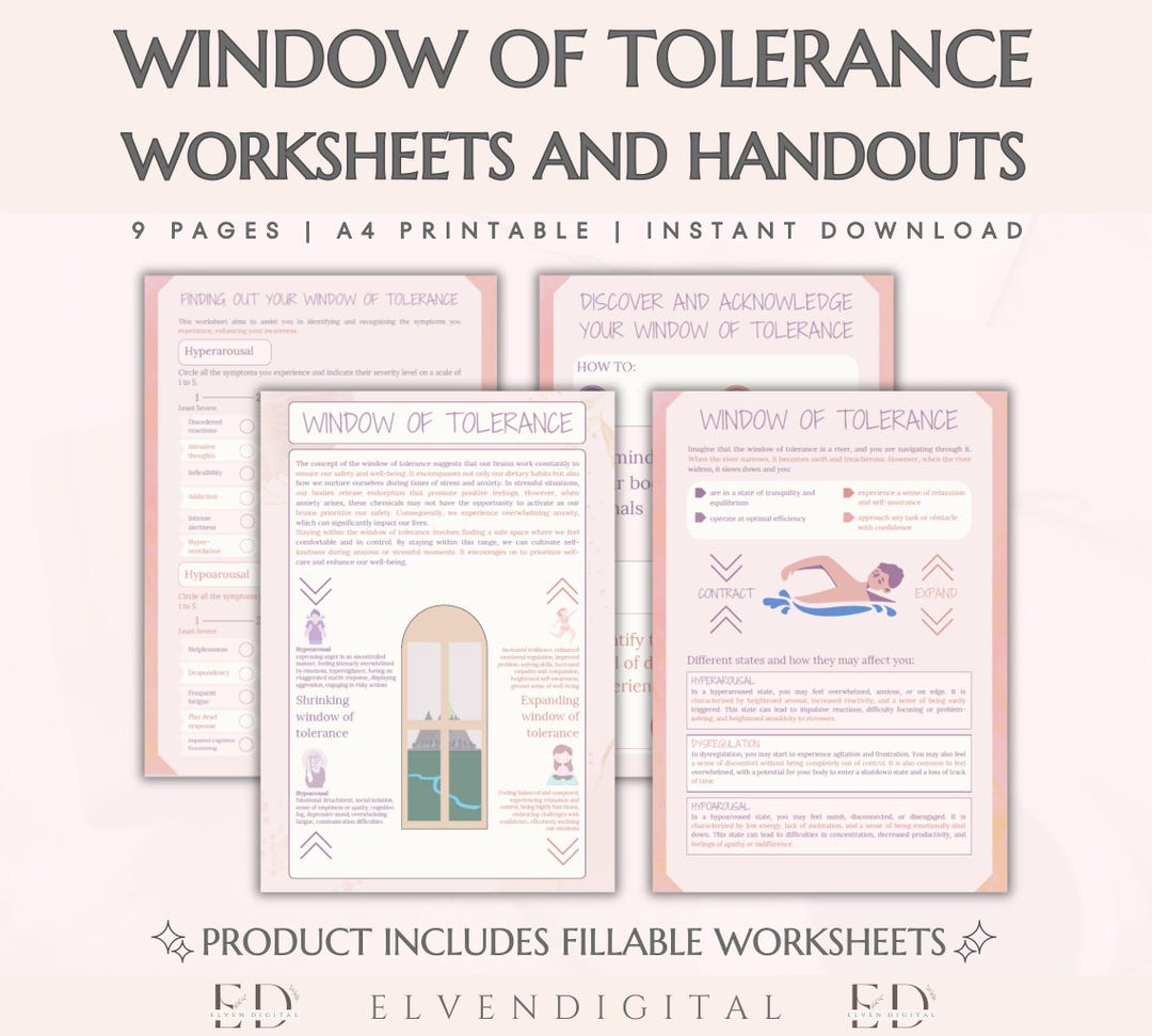 Window of Tolerance Worksheets, Therapy Handouts, Printable A4, 9 Pages ...
