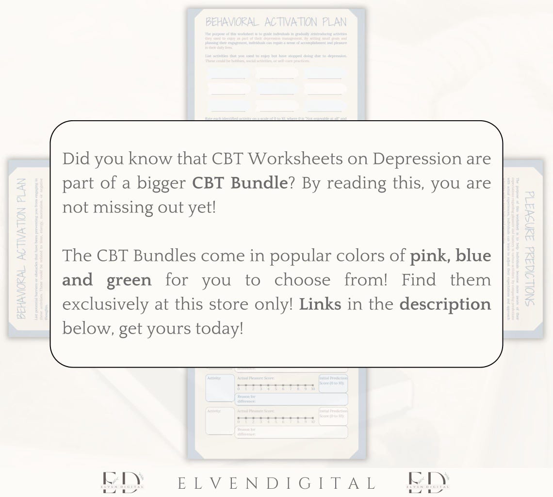 Depression Workbook Self-esteem Building Therapy Sheets Pleasure ...