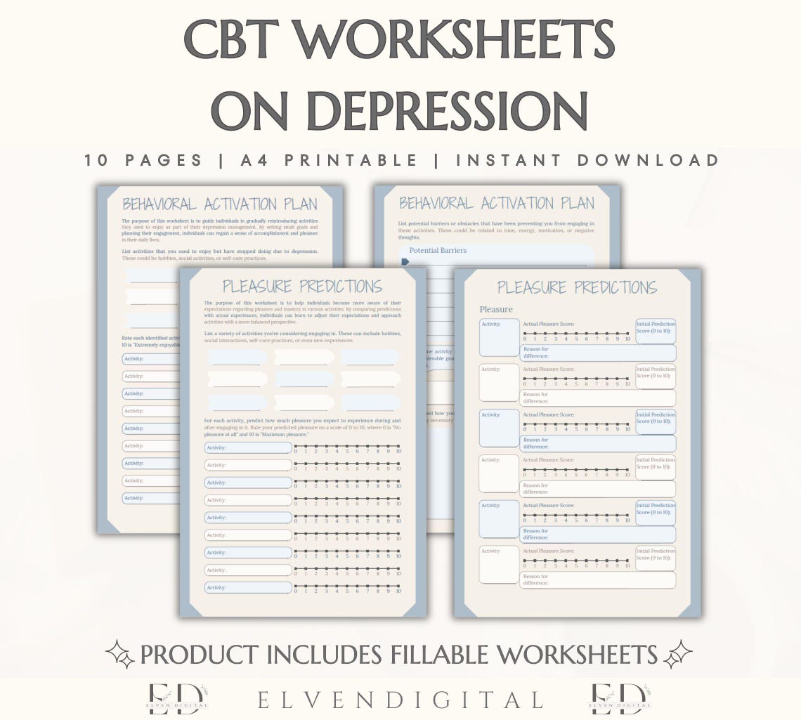 Depression Workbook Self-esteem Building Therapy Sheets Pleasure ...