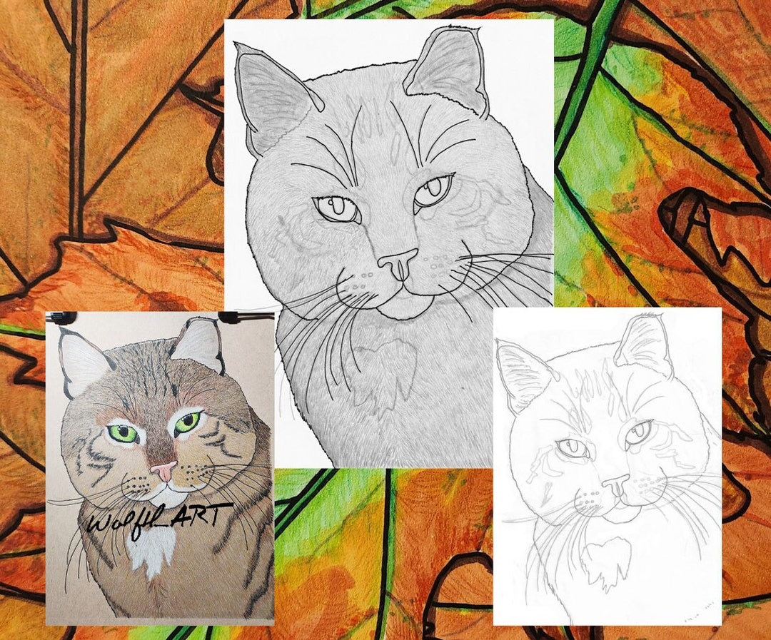 Digital Download Printable Coloring Page Cat Portrait Greyscale & Line ...