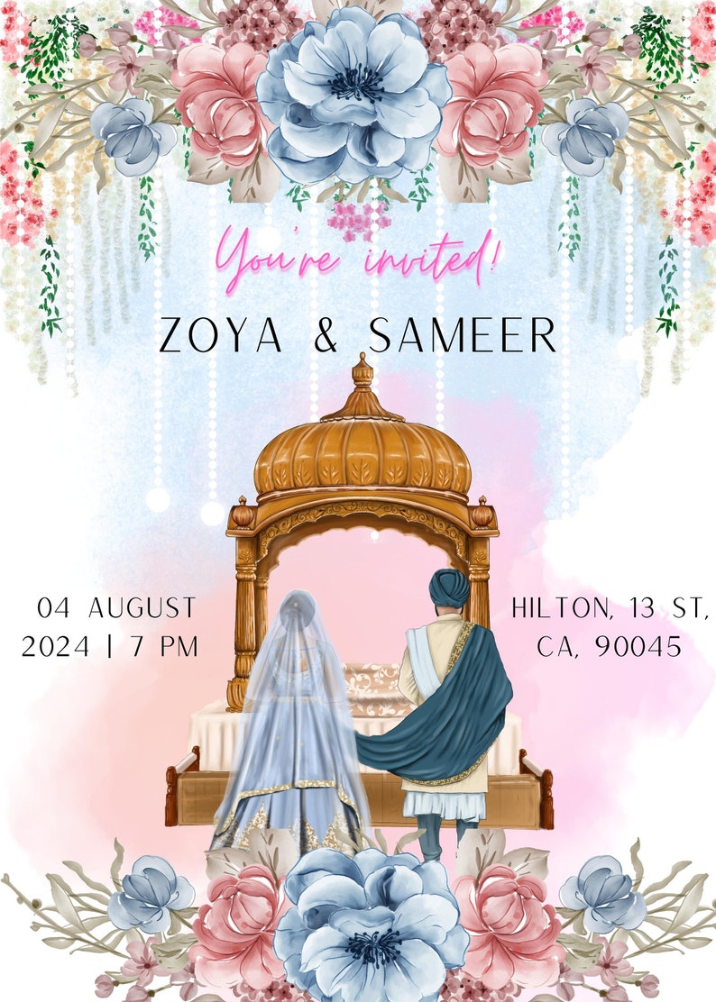 Editable Pink and Blue Indian Wedding Reception Invitation - Etsy
