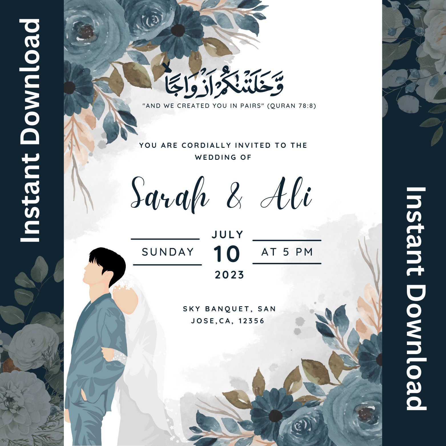 Editable Teal Blue and White Grey Elegant Muslim Wedding Nikkah ...