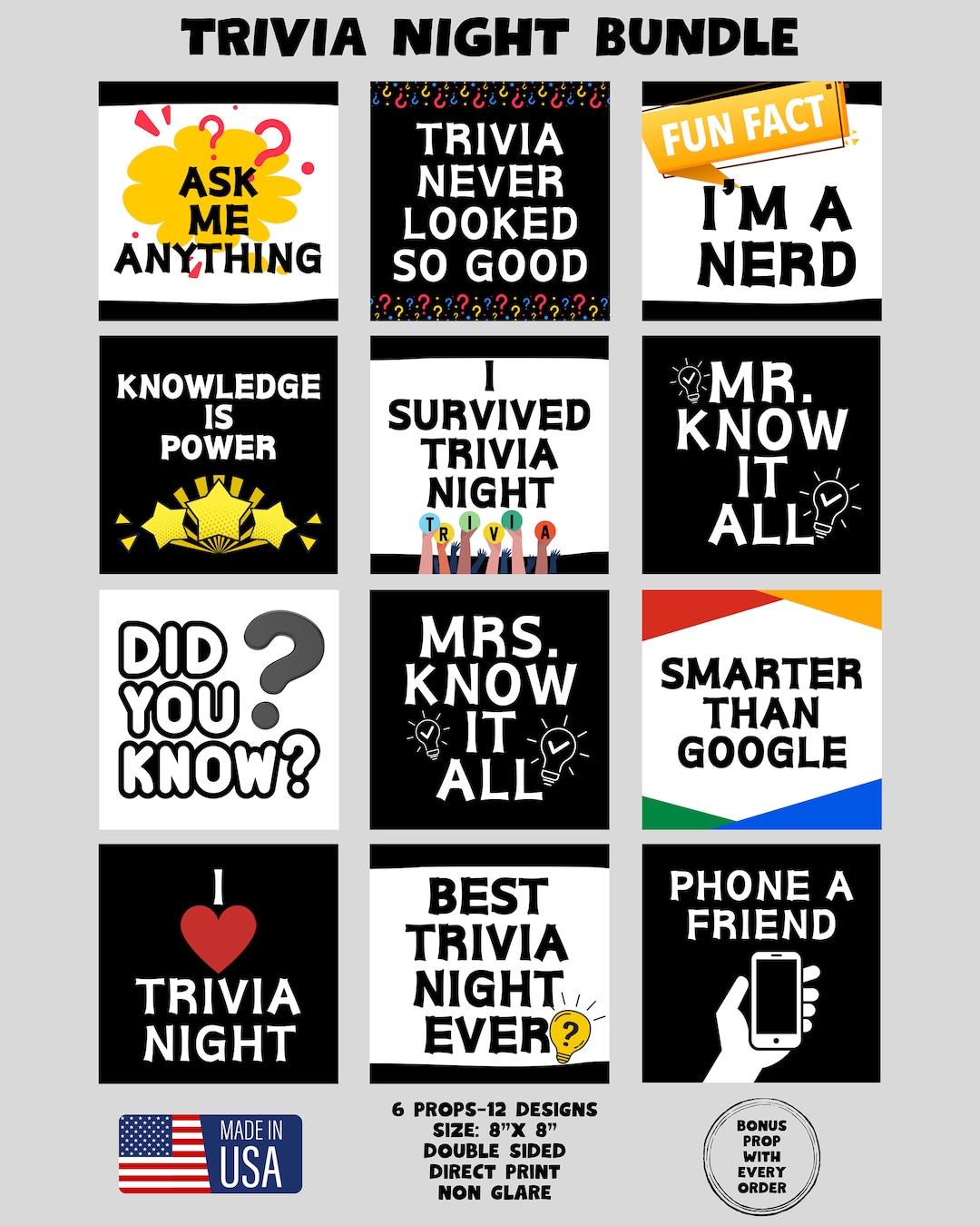 Trivia Night Bundle, Photo Booth Props, 360 Photo Booth Props, Custom ...