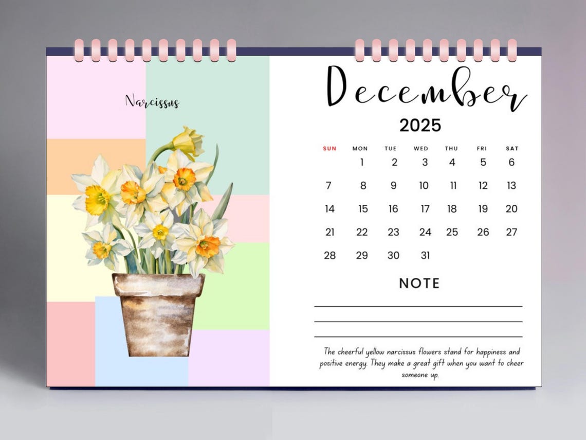 2025 Desk Calendar Flower Basket, Canva Template Calendar 2025, Flower ...