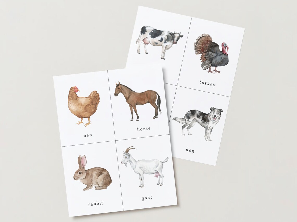 Printable Farm Animals Flashcards | Watercolor Farm Animals Flashcards ...