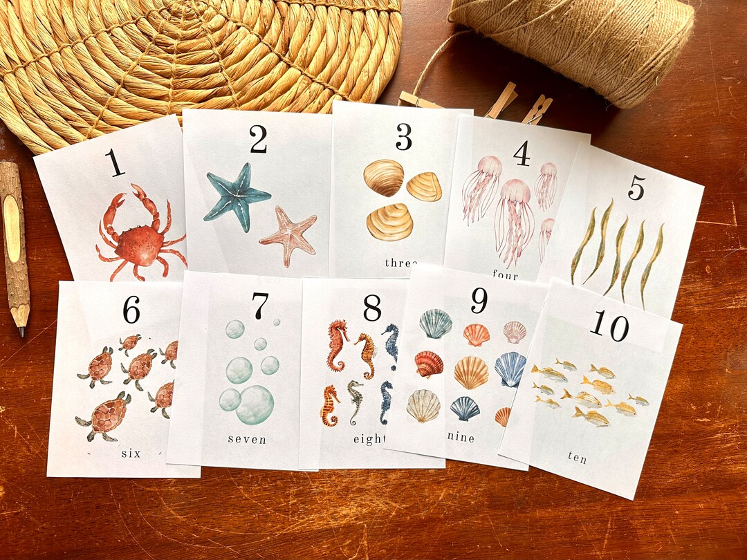 Printable Ocean-themed Counting Flashcards 1-10 | Watercolor Counting ...