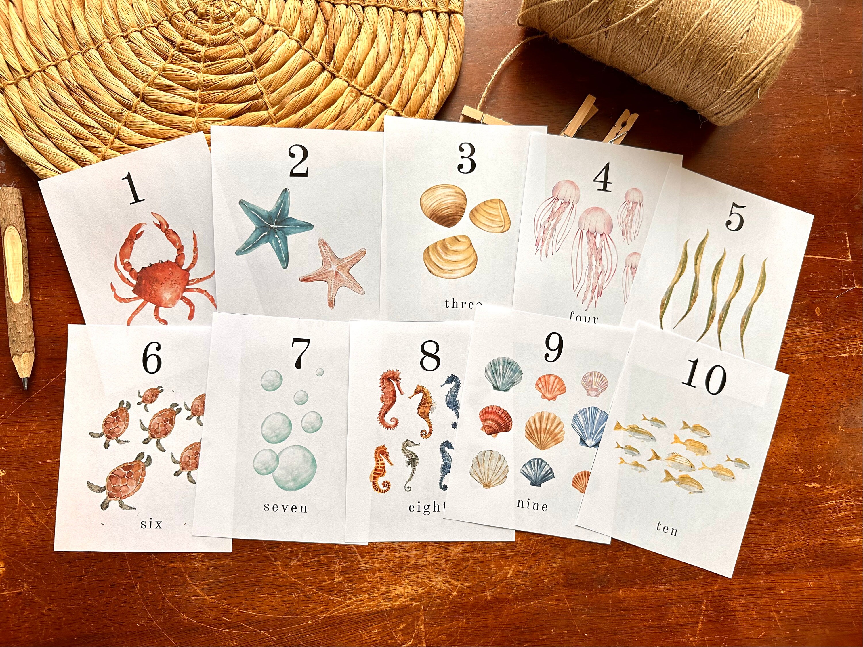 Printable Ocean-themed Counting Flashcards 1-10 | Watercolor Counting ...