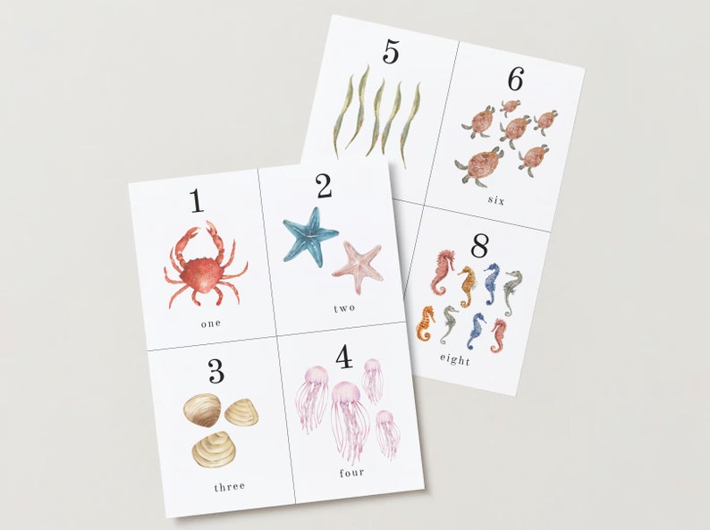 Printable Ocean-themed Counting Flashcards 1-10 | Watercolor Counting ...