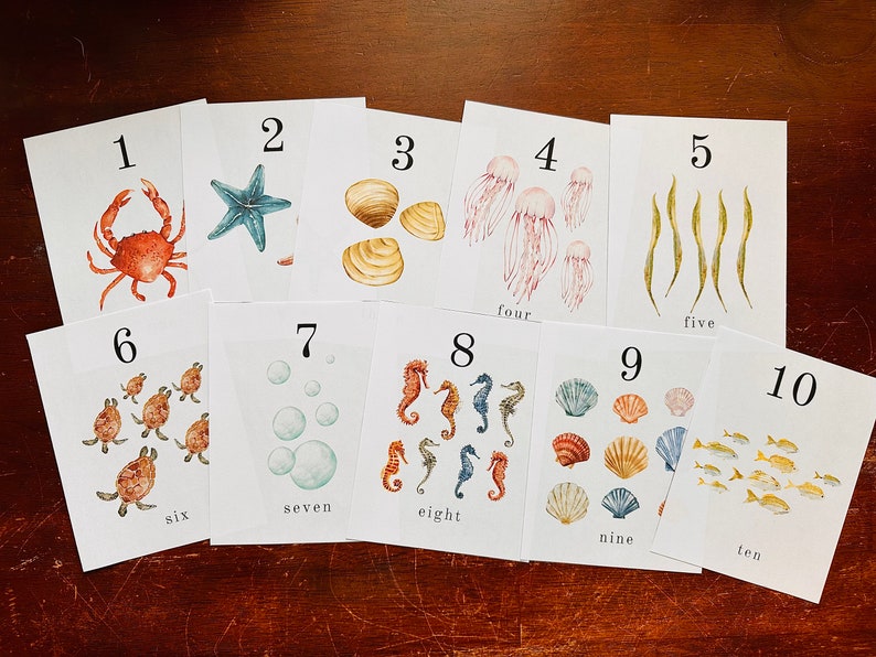 Printable Ocean-themed Counting Flashcards 1-10 | Watercolor Counting ...
