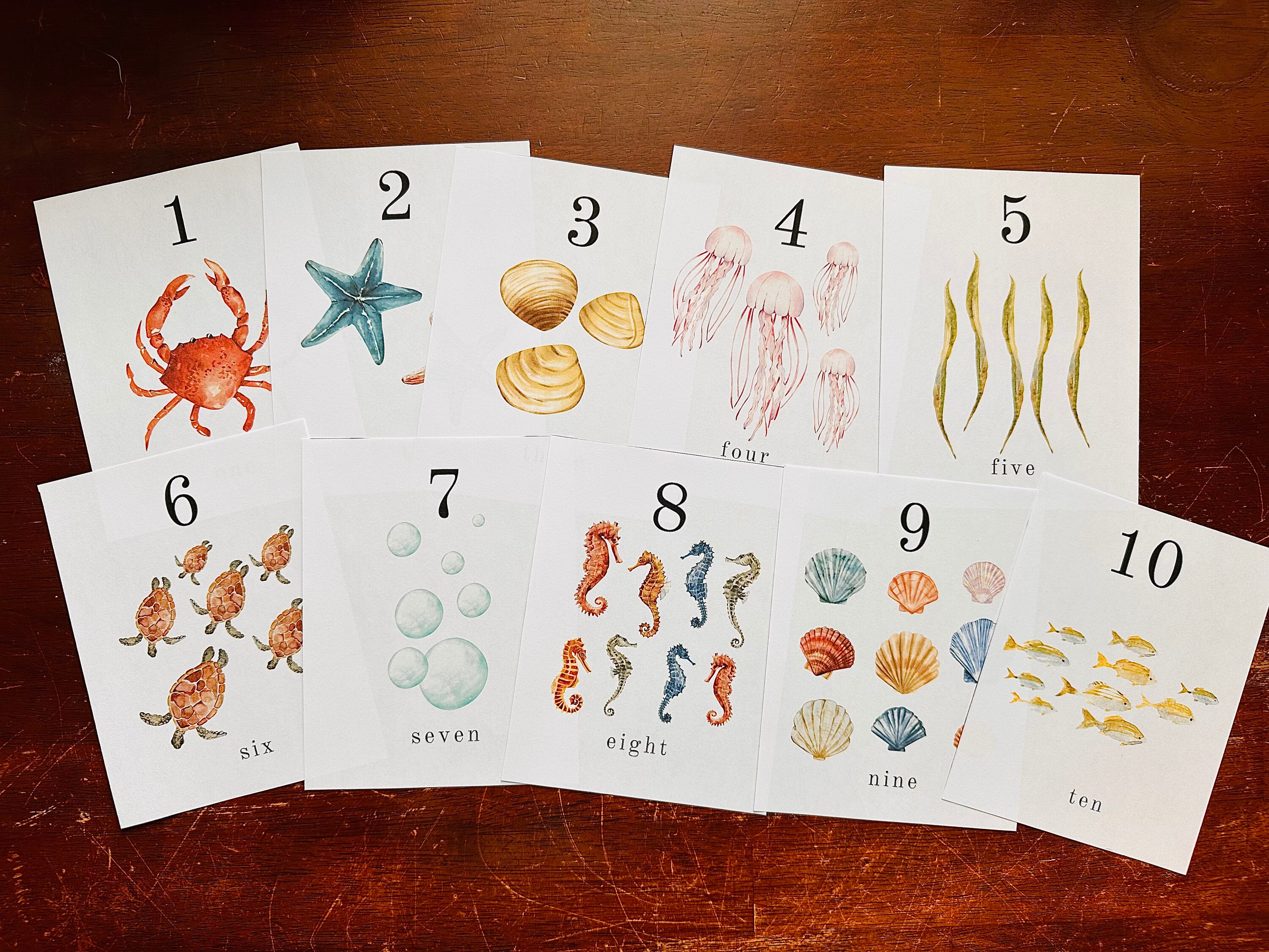 Printable Ocean-themed Counting Flashcards 1-10 | Watercolor Counting ...