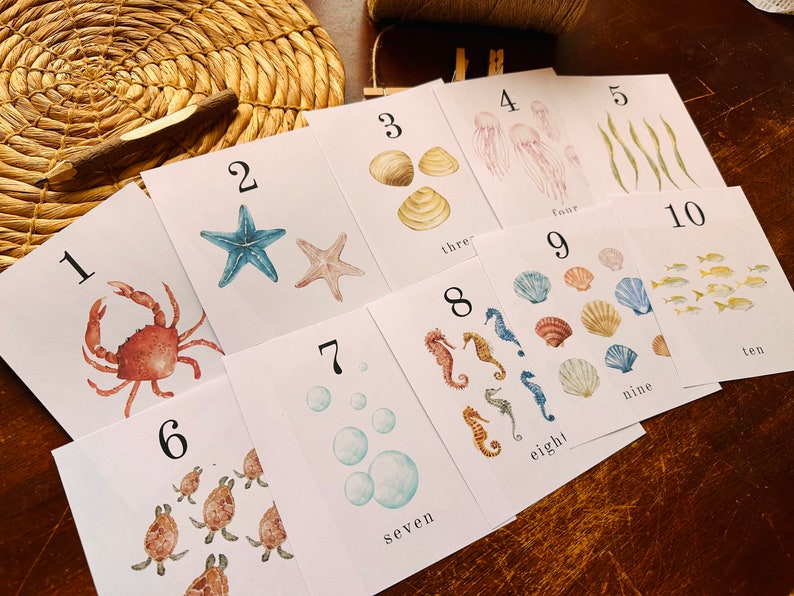 Printable Ocean-themed Counting Flashcards 1-10 | Watercolor Counting ...