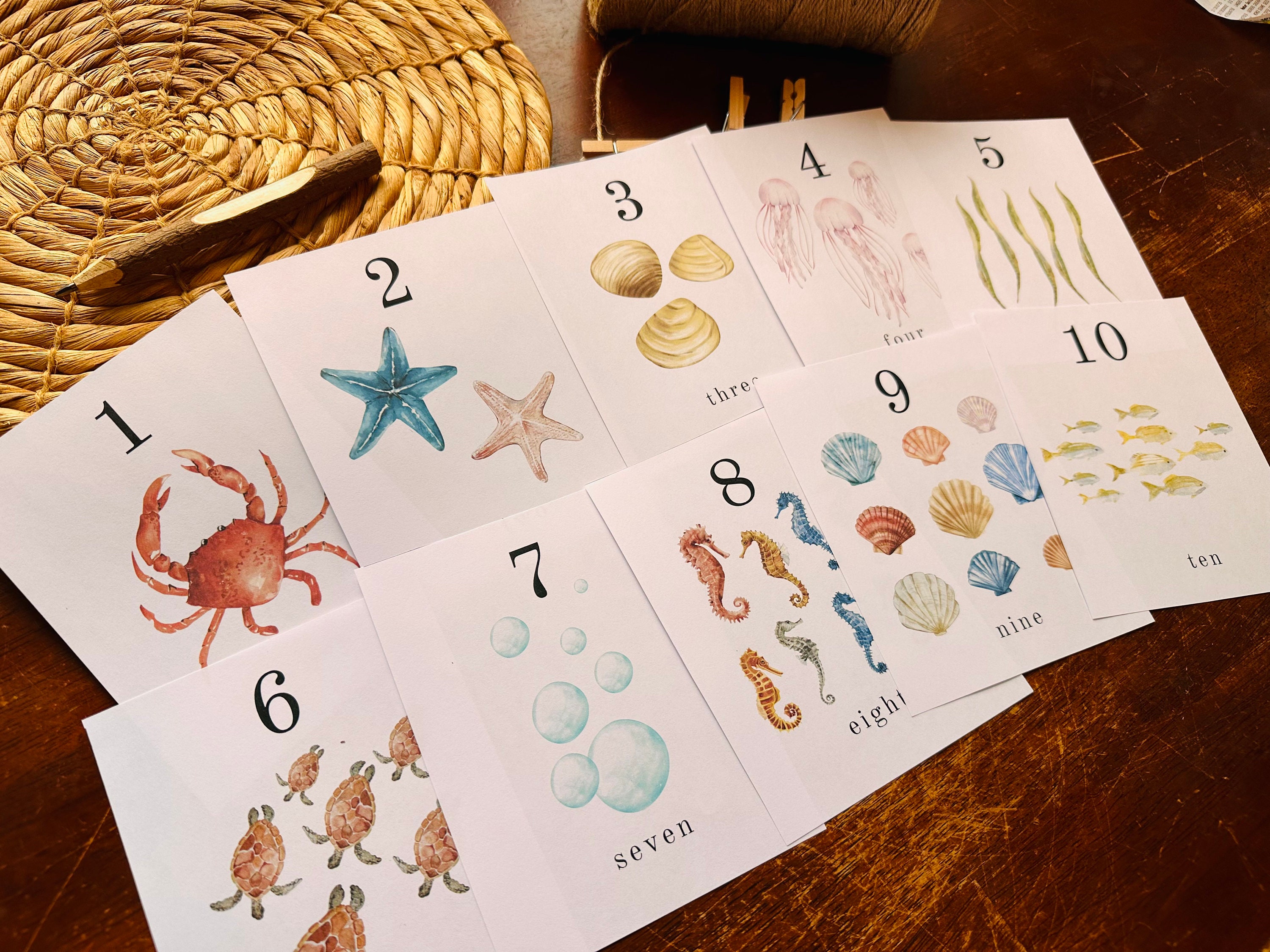 Printable Ocean-themed Counting Flashcards 1-10 | Watercolor Counting ...