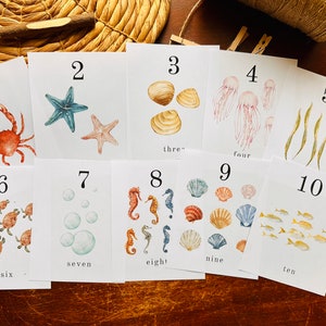 Printable Ocean-themed Counting Flashcards 1-10 | Watercolor Counting ...