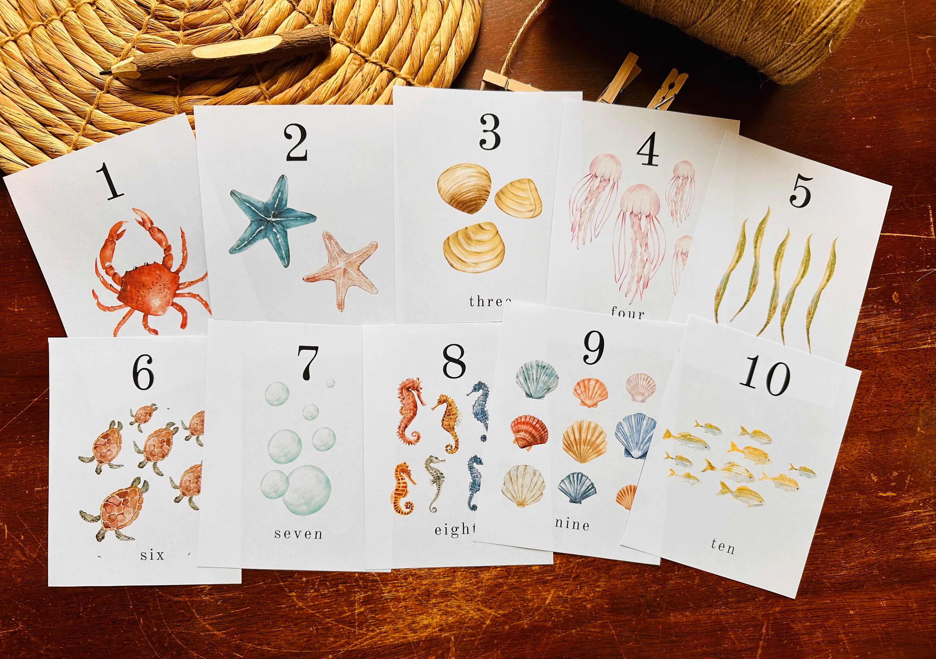 Printable Ocean-themed Counting Flashcards 1-10 | Watercolor Counting ...
