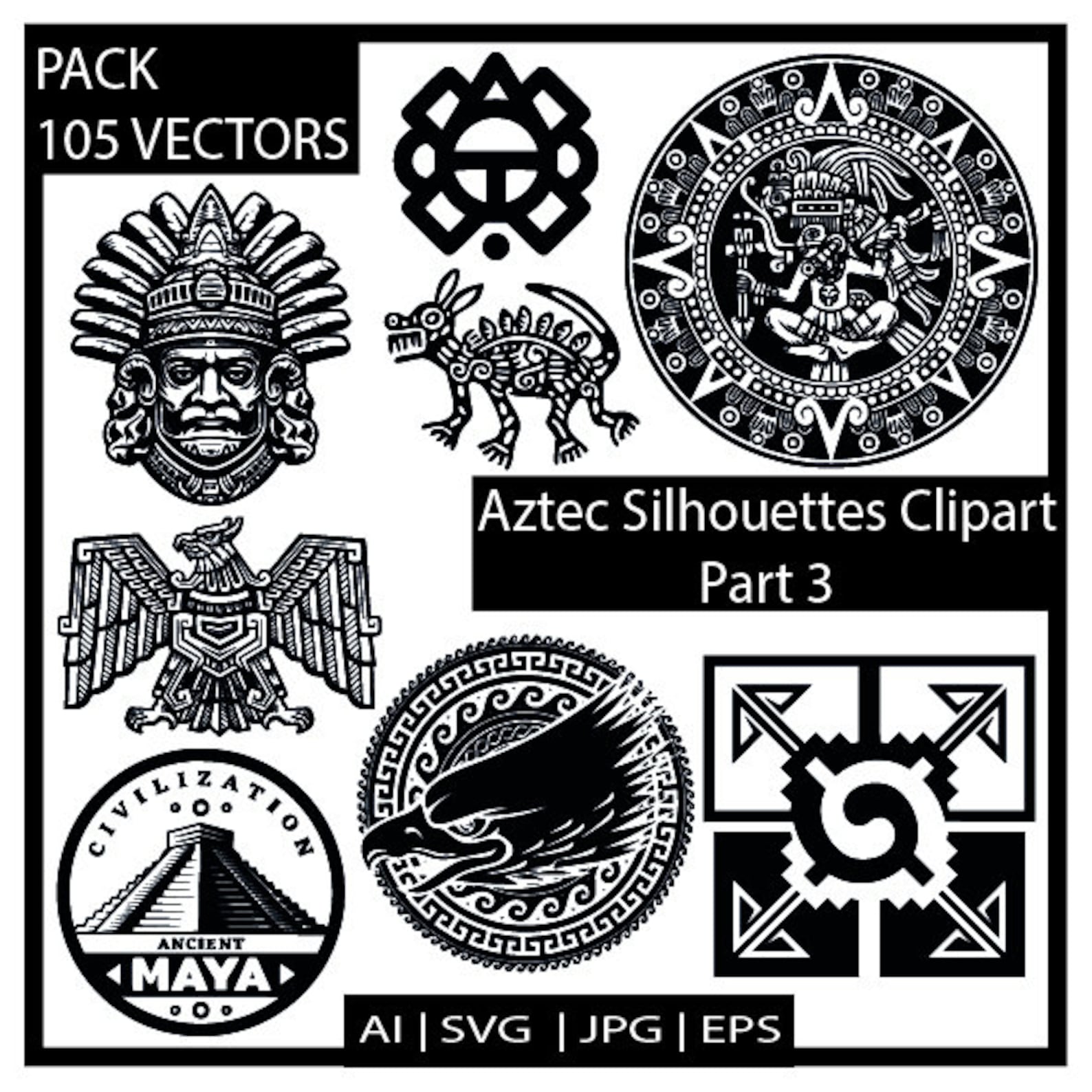 Pack of 105 Aztec Silhouettes - PART 3 - Clipart for Engraving and ...