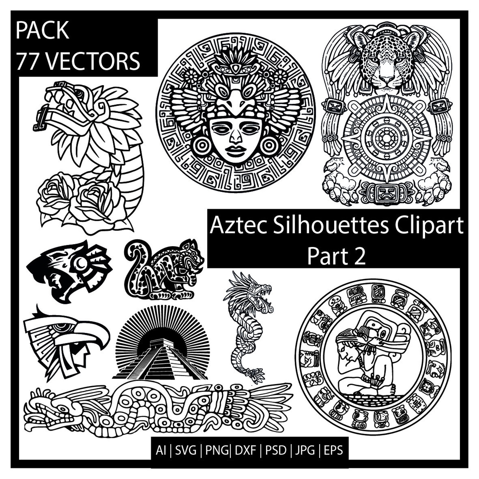 Pack of 77 Aztec Silhouettes - PART 2 - Clipart for Engraving and ...