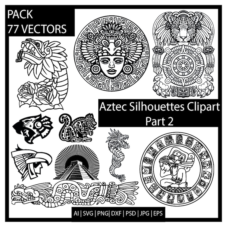 Pack of 77 Aztec Silhouettes - PART 2 - Clipart for Engraving and ...