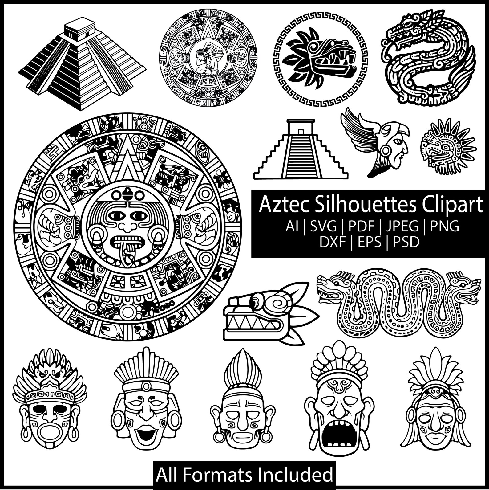 Pack of 125 Aztec Silhouettes Clipart for Engraving and Cutting - All ...