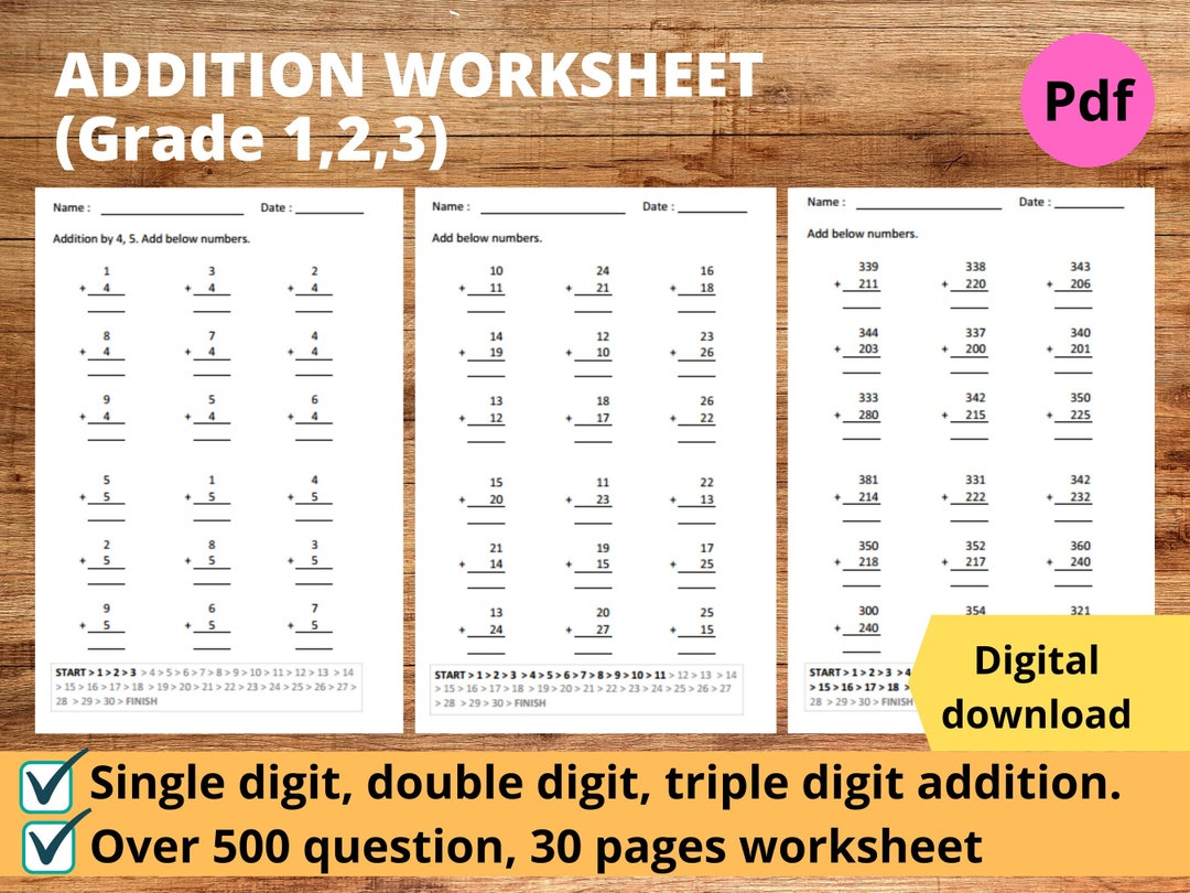 Addition Math Printable Worksheet With Single, Double and Triple Digit ...