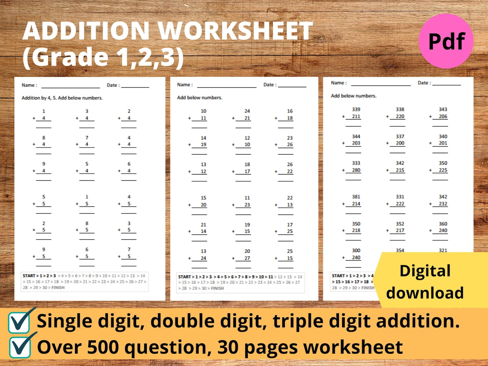 Addition Math Printable Worksheet With Single, Double and Triple Digit ...