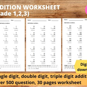 Addition Math Printable Worksheet With Single, Double and Triple Digit ...