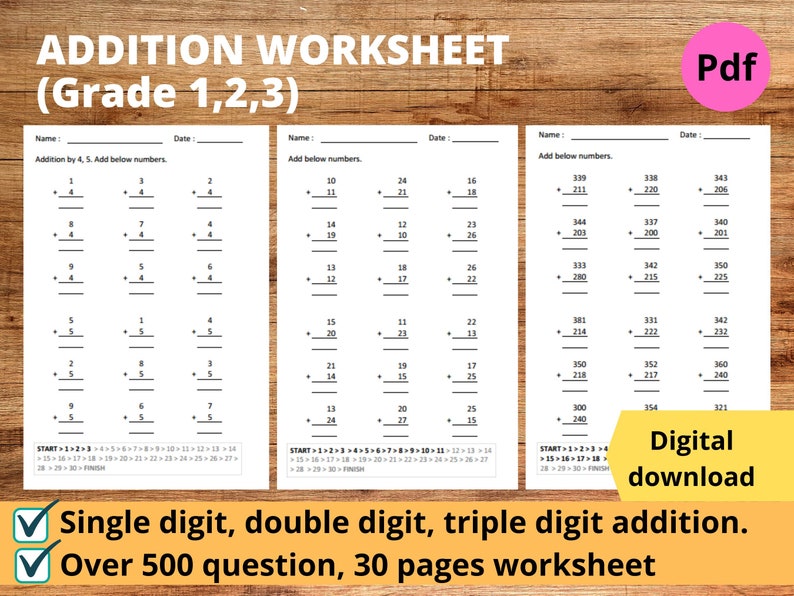 Addition Math Printable Worksheet With Single, Double and Triple Digit ...