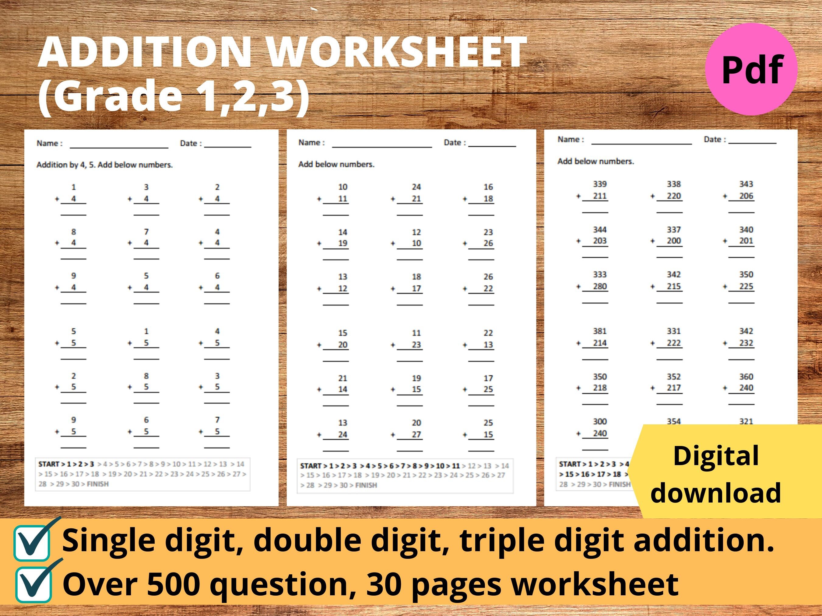 Addition Math Printable Worksheet With Single, Double and Triple Digit ...