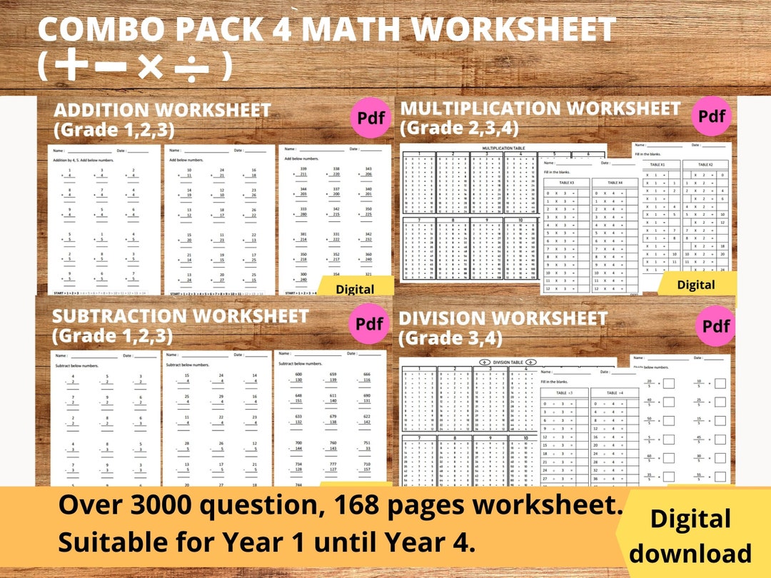 COMBO PACK 4 Math Worksheet Addition, Subtraction, Multiplication ...