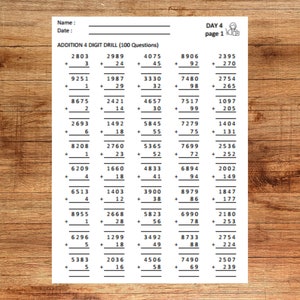 30 Days Addition Drill 4 Digit Until 10,000 Thousand Math Printable ...