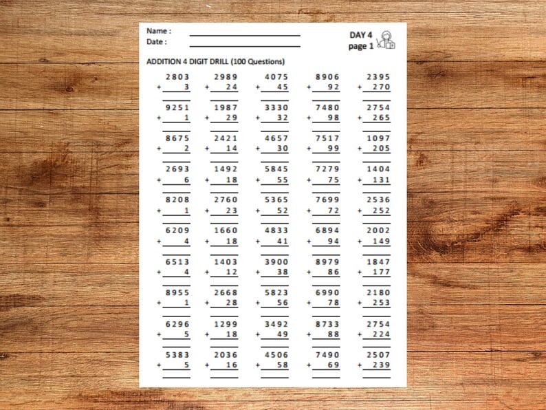 30 Days Addition Drill 4 Digit Until 10,000 Thousand Math Printable ...