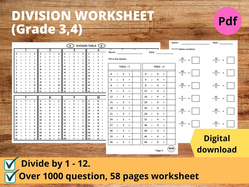 Division Math Printable Worksheet, Suitable for Grade 3, Grade 4 ...