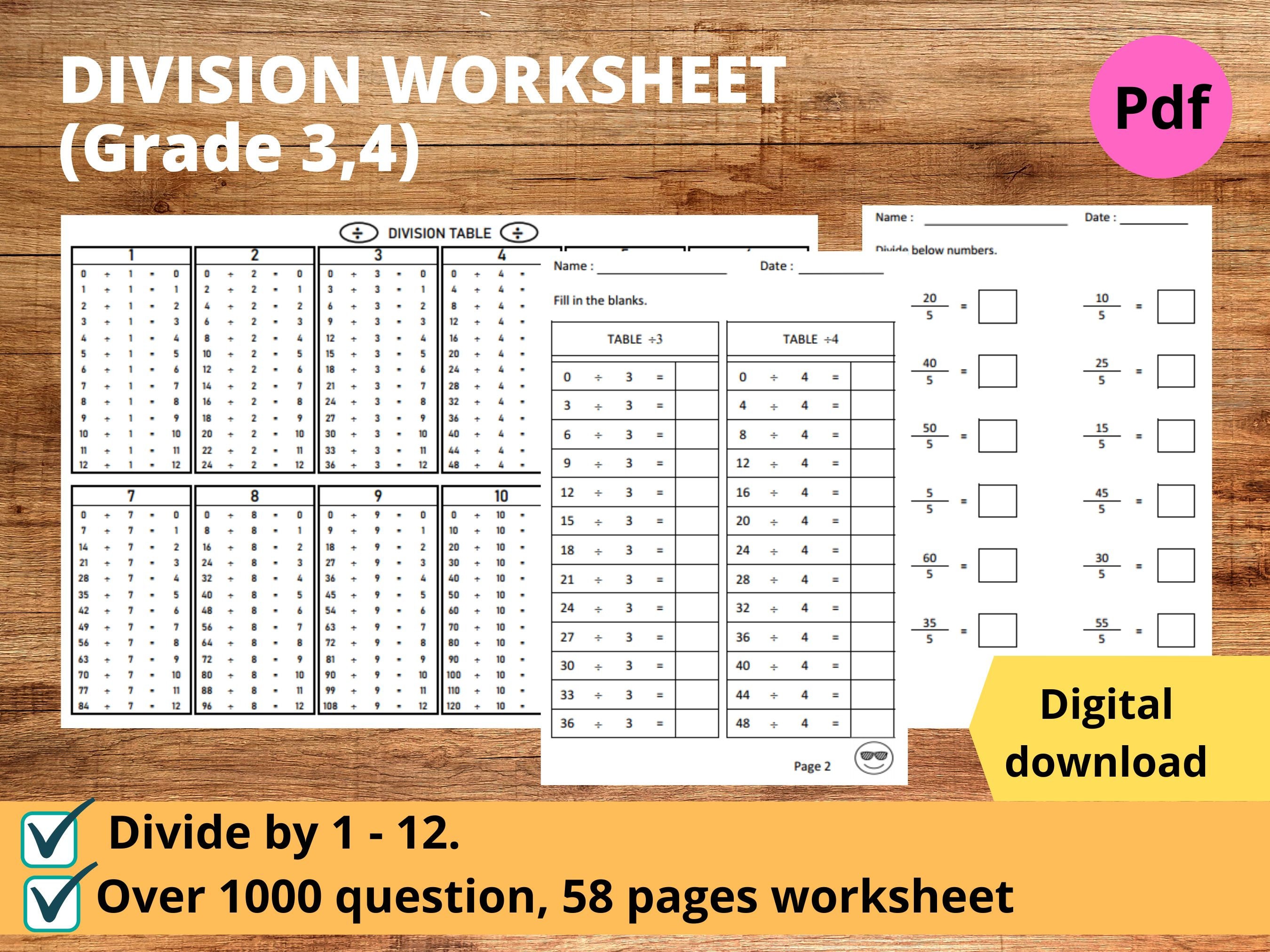 Division Math Printable Worksheet, Suitable for Grade 3, Grade 4 ...
