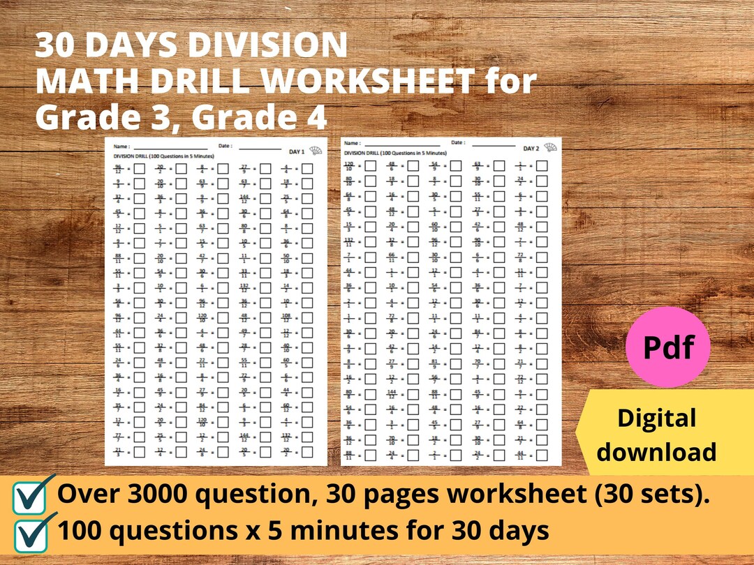 30 Days Division Math Drill Printable Worksheet for Grade 3, Grade 4 ...
