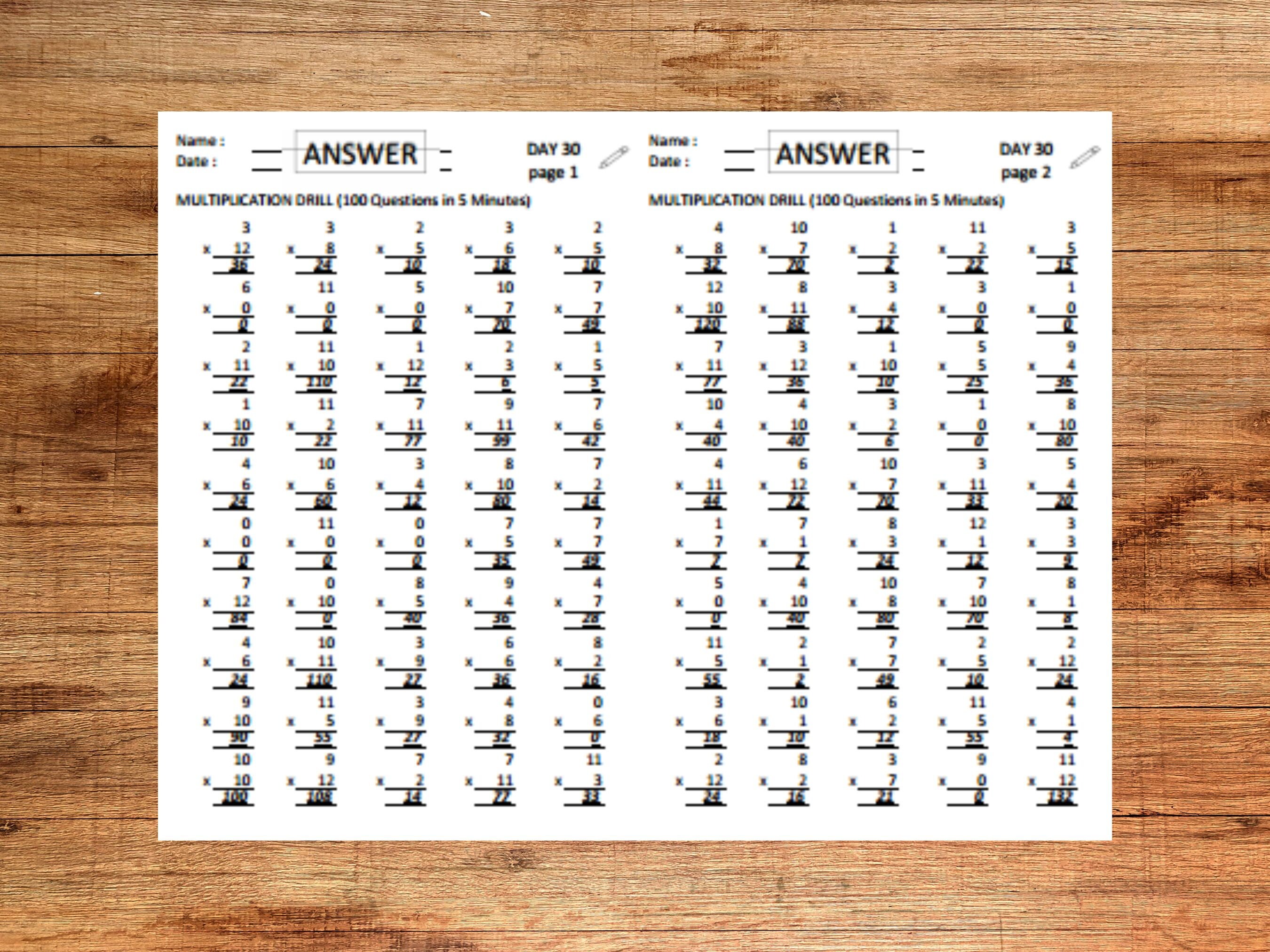 30 Days Multiplication Math Drill Printable Worksheet for Grade 2 ...