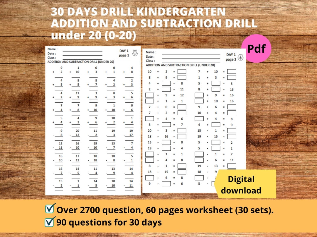 30 Days Addition and Subtraction Drill Under 20 (0-20) Math Printable ...
