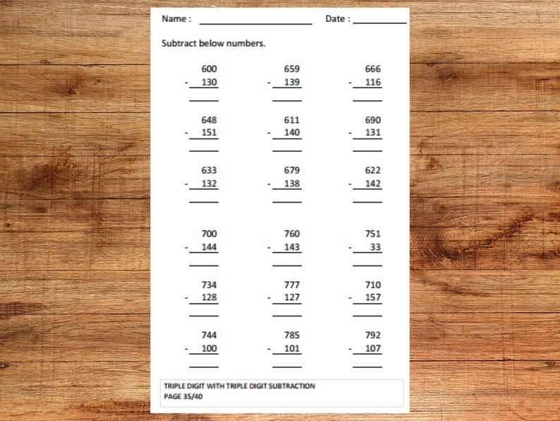 Subtraction Math Printable Worksheet With Single, Double and Triple ...