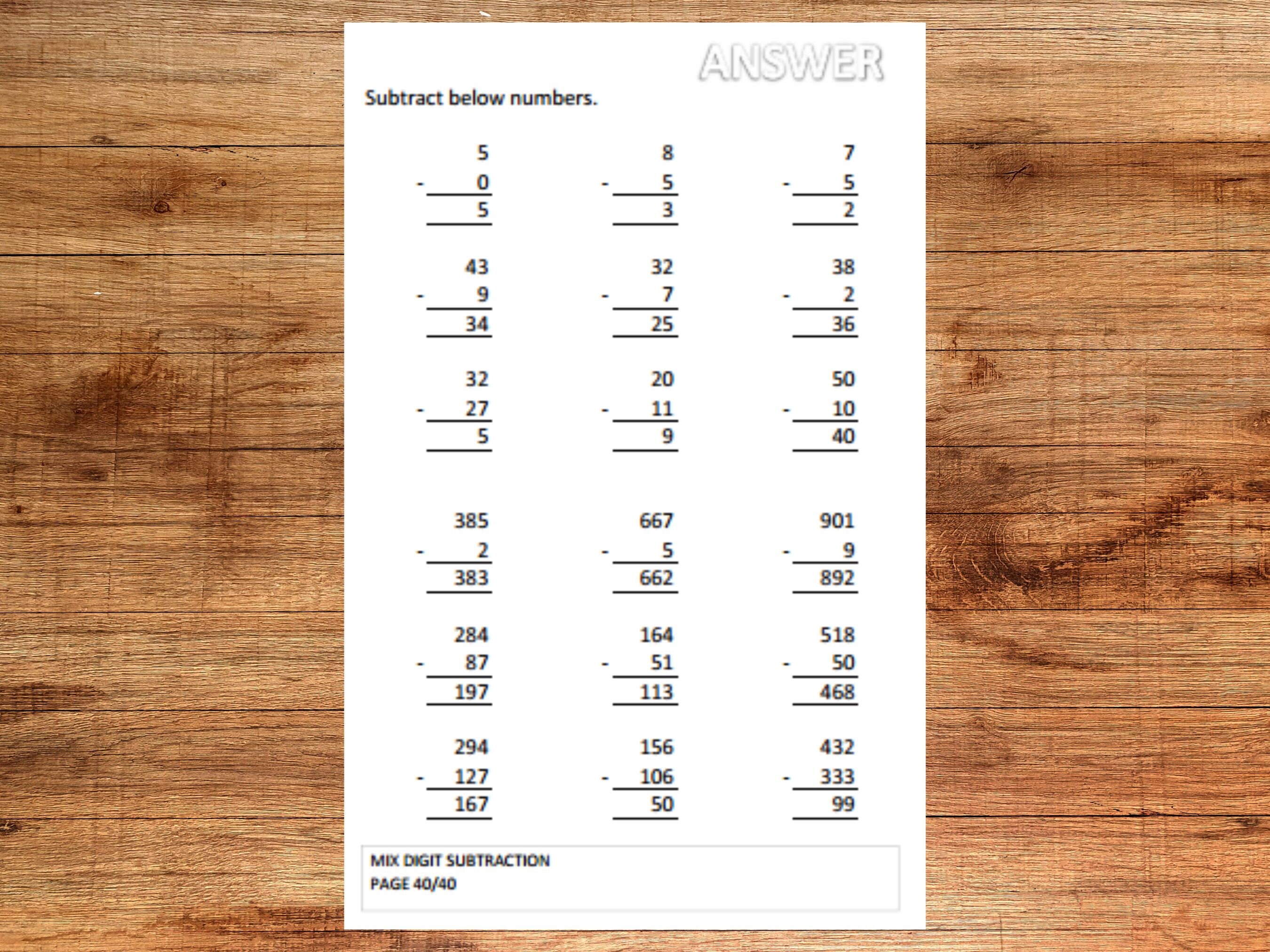 Subtraction Math Printable Worksheet With Single, Double and Triple ...