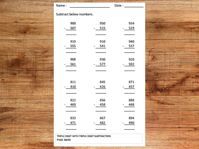 Subtraction Math Printable Worksheet With Single, Double and Triple ...
