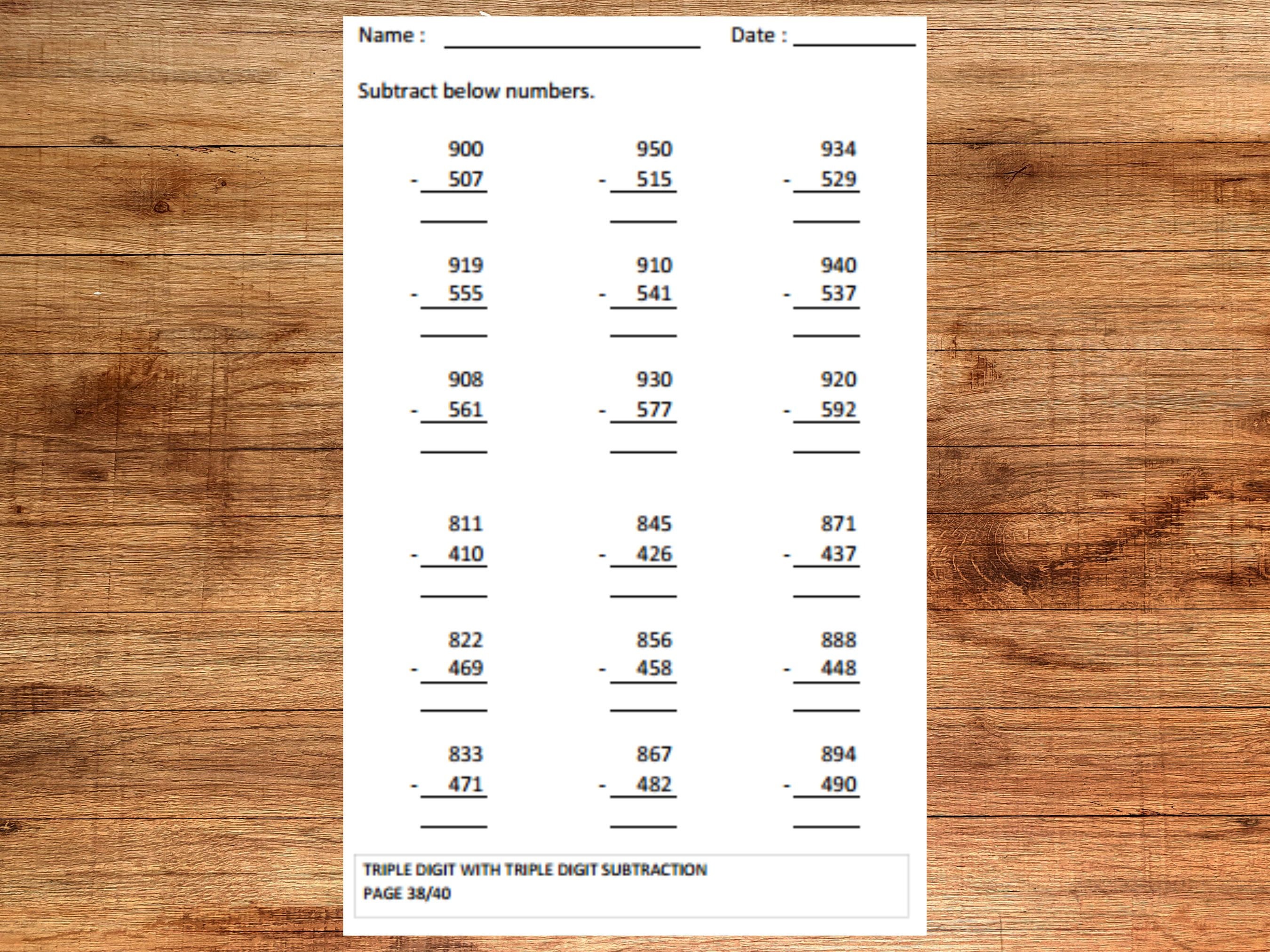 Subtraction Math Printable Worksheet With Single, Double and Triple ...