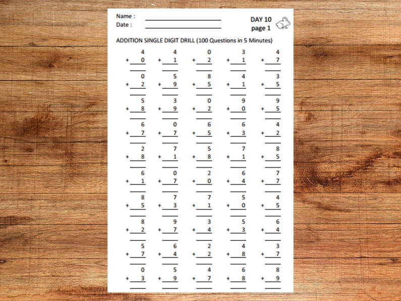 30 Days Addition Drill Single Digit Math Printable Worksheet for ...