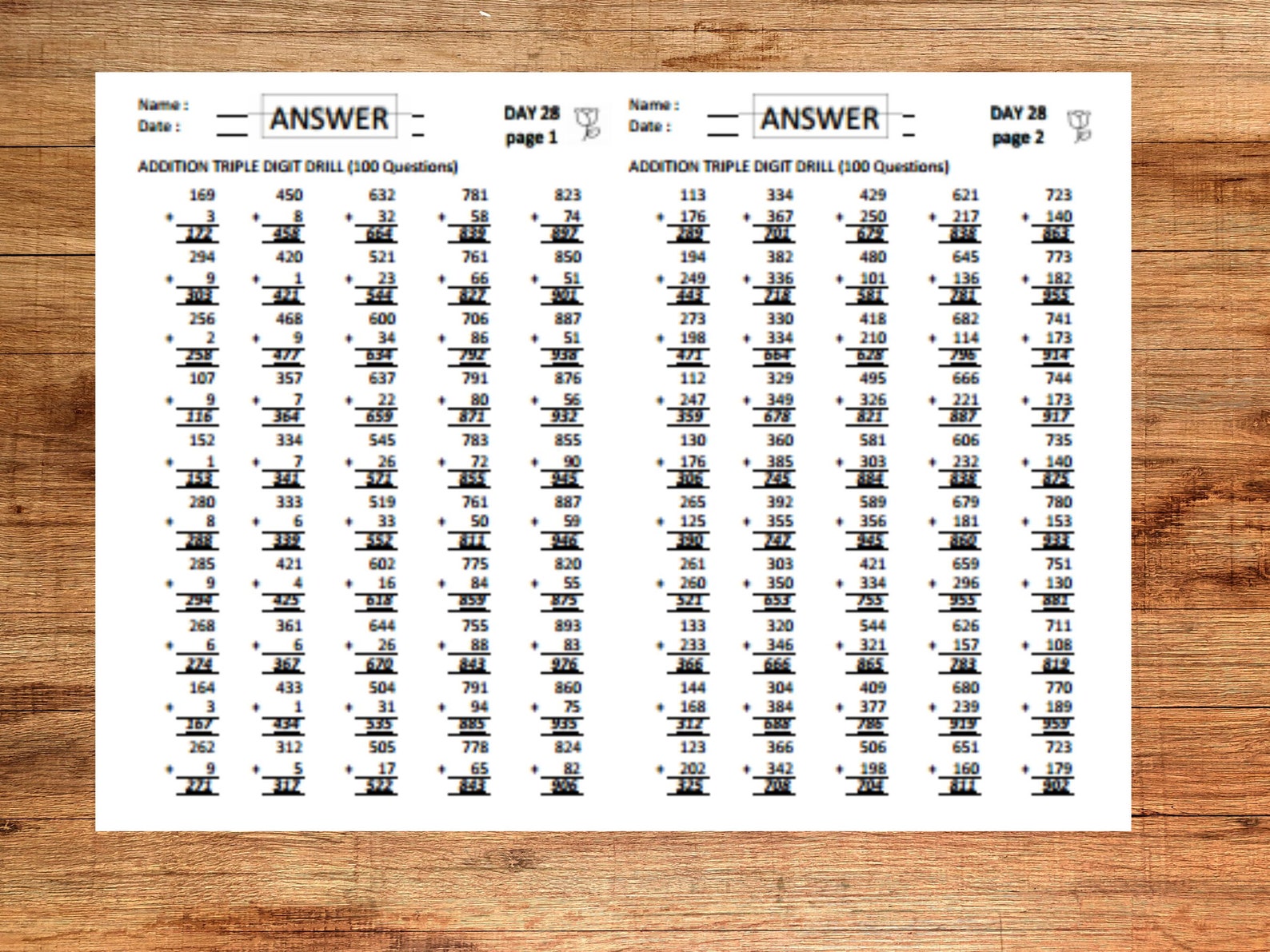 30 Days Addition Drill 3 Digit Until 1,000 (hundred) Math Printable ...