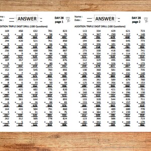 30 Days Addition Drill 3 Digit Until 1,000 (hundred) Math Printable ...